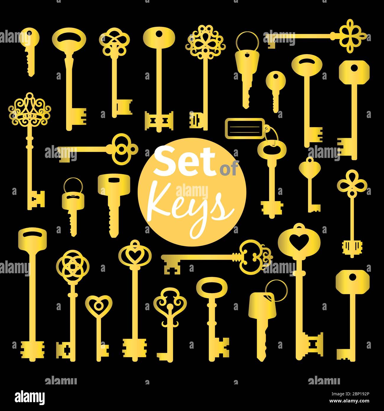 Antique and modern gold keys set in flat style vector illustration ...