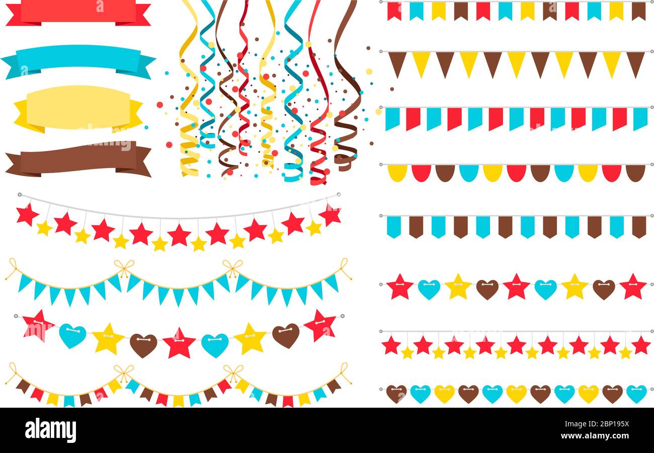 Multicolor vector garlands, adornment flags on strings and bright ...