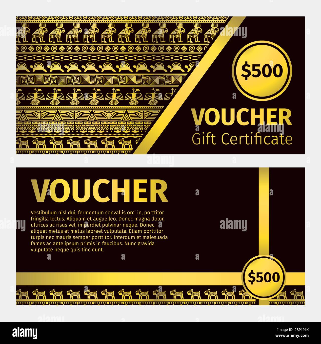 Voucher certificate golden template. Gold tribal pattern on the black ...