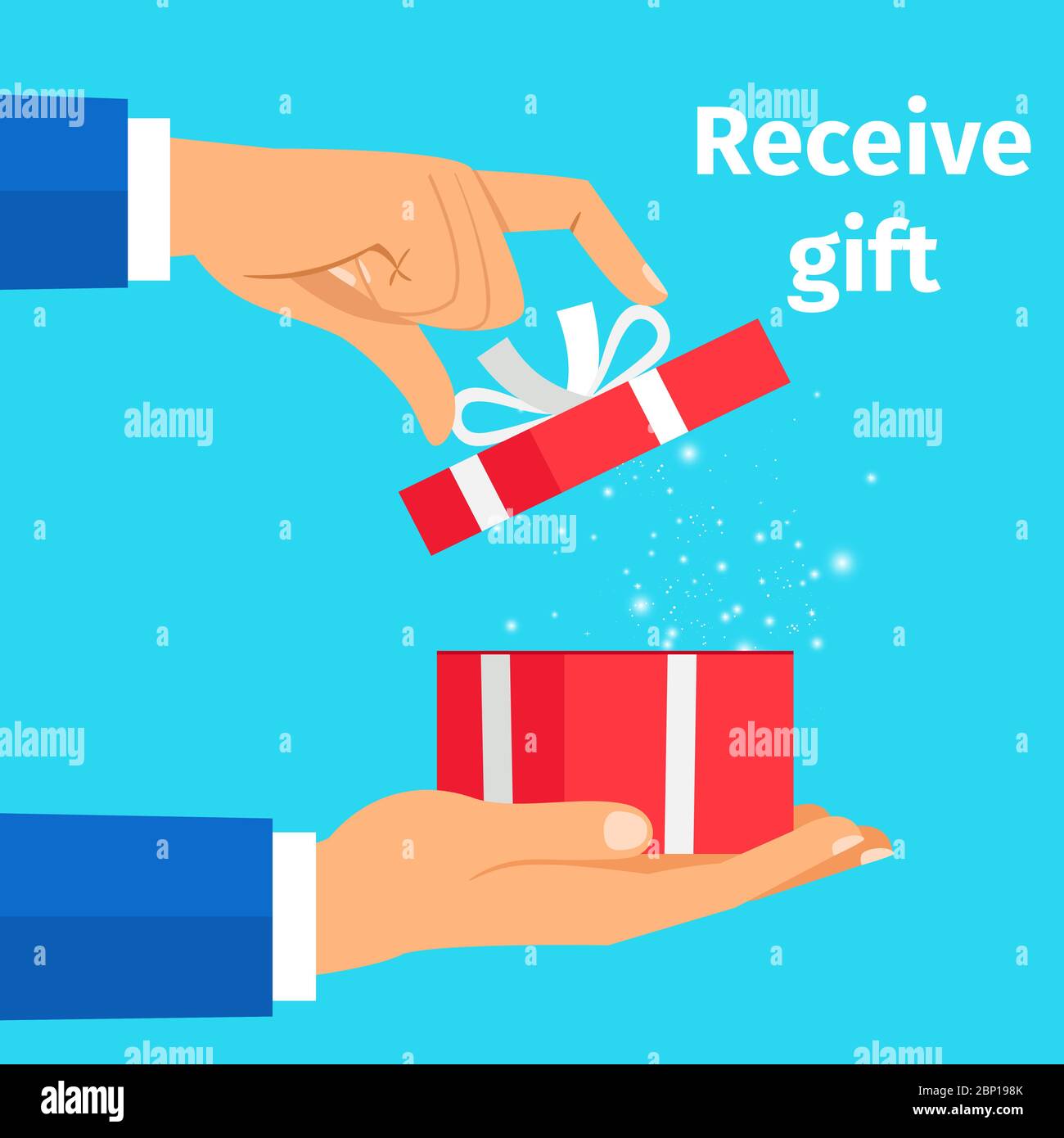 Man receive the present. Hand hold the red box with ribbon, vector ...