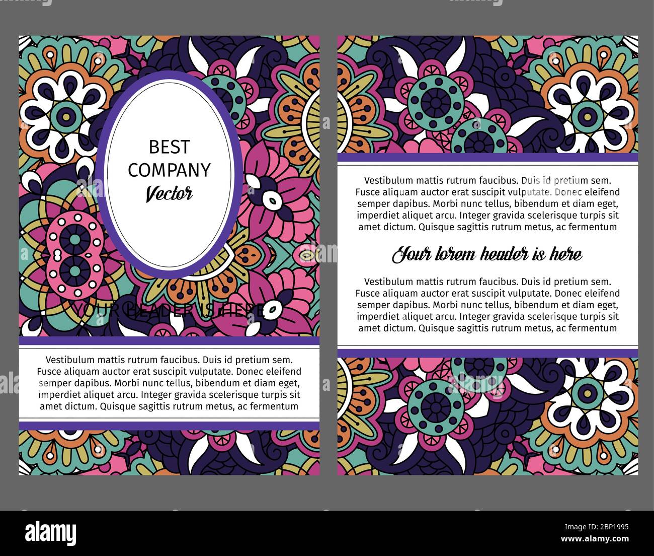 Brouchure design template for company with flowers and leaves in violet ...