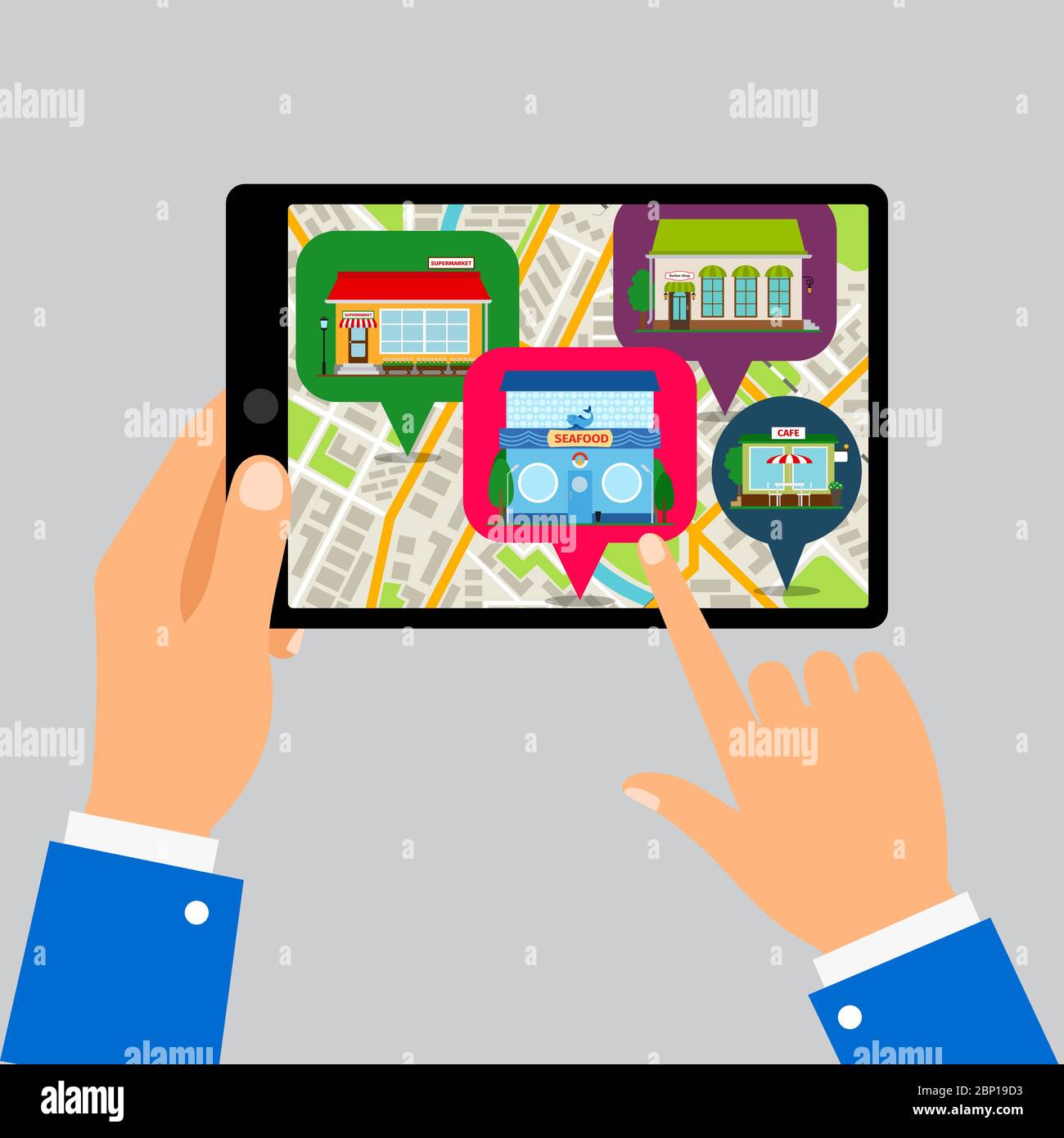 Hands holding tablet with restaurants map app, vector illustration ...