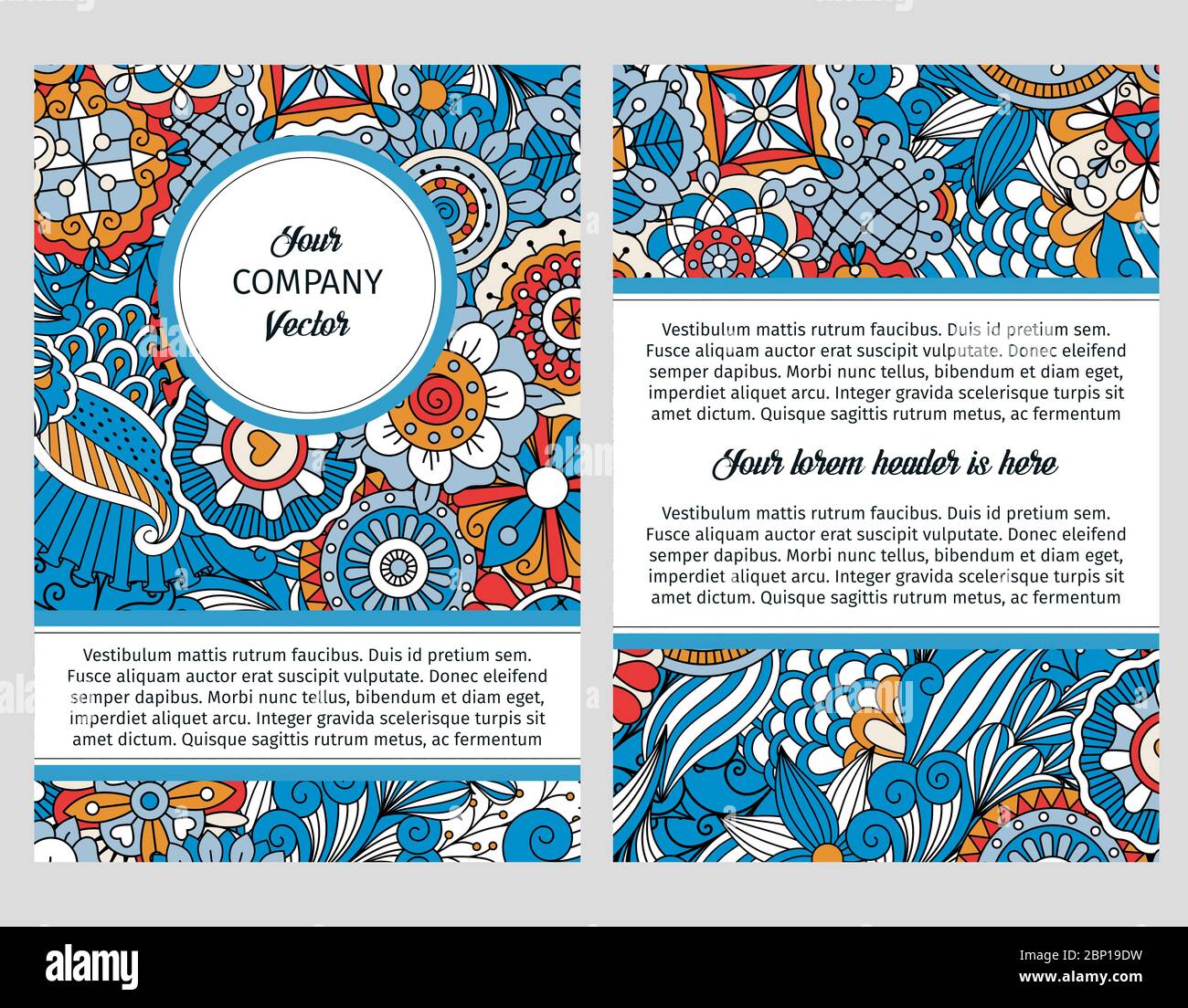 Brouchure design template for company with blue floral decorative ...