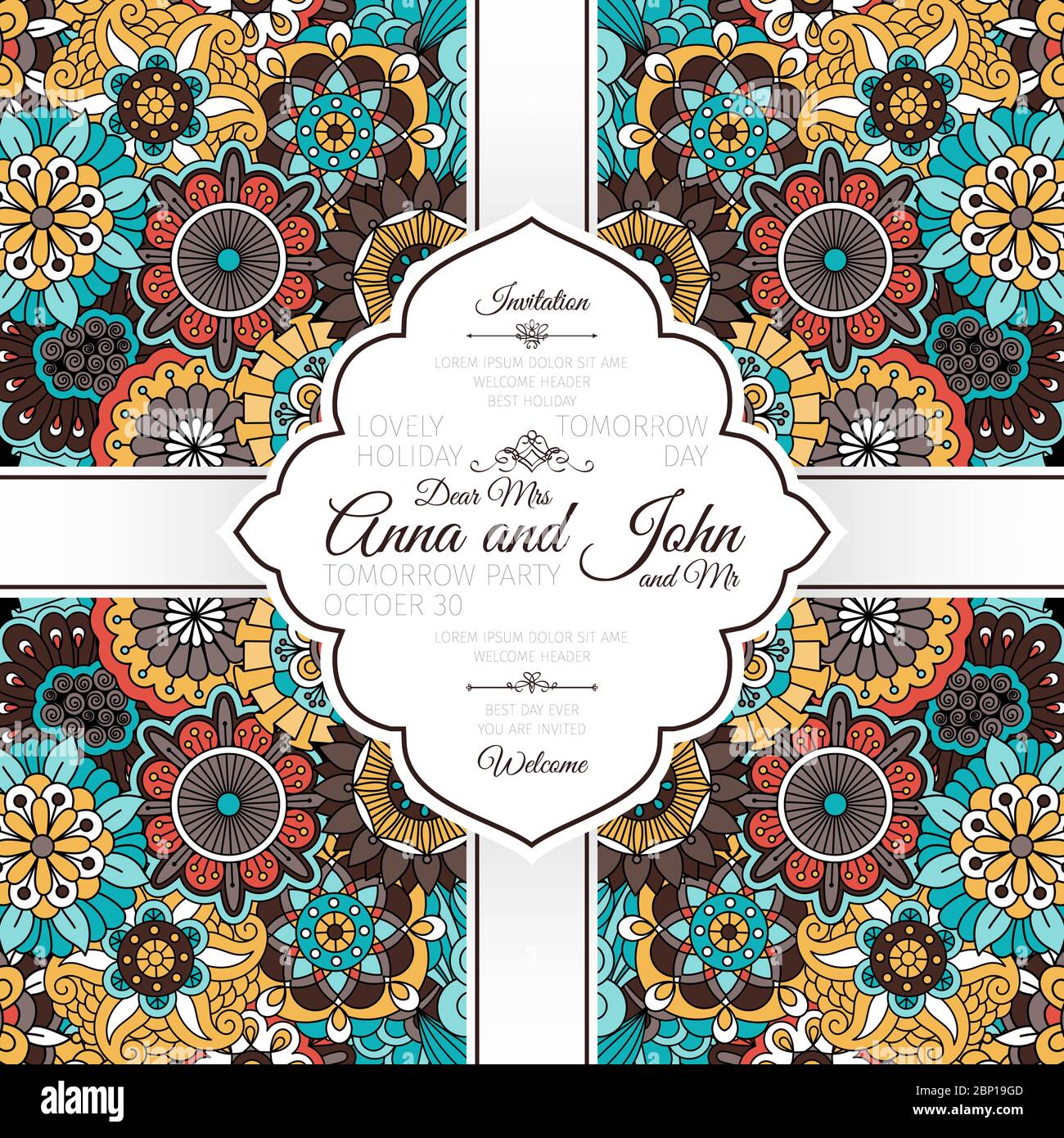 Invitation template card with colorful ornamental vintage traditional ...
