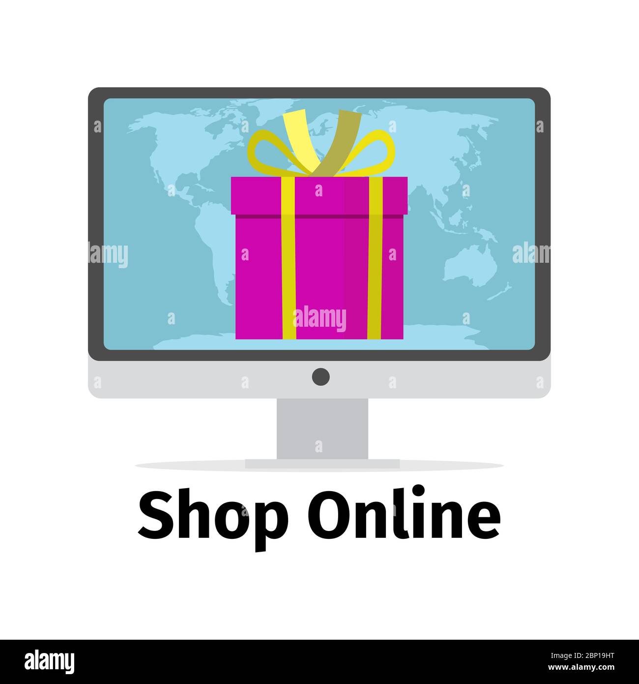 Shop online concept with pink present and all world map on the screen ...