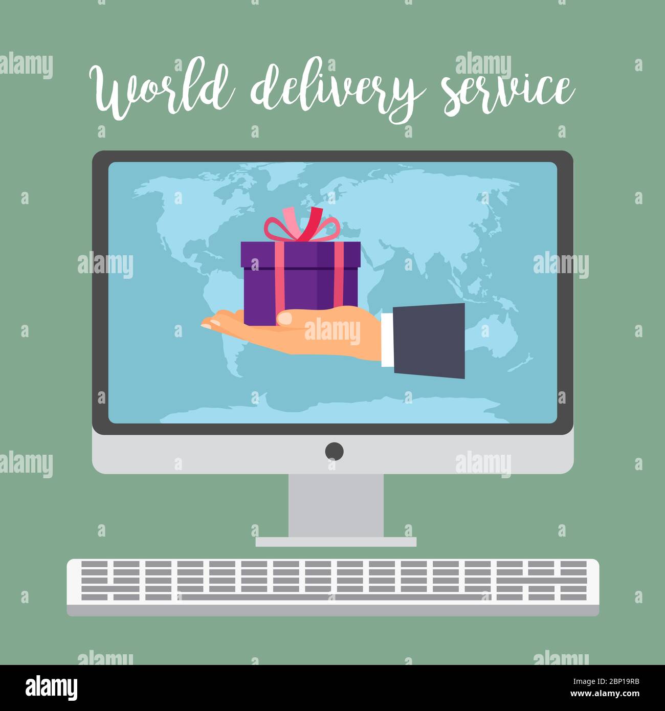 World delivery service concept with violet gift box in hand, vector ...