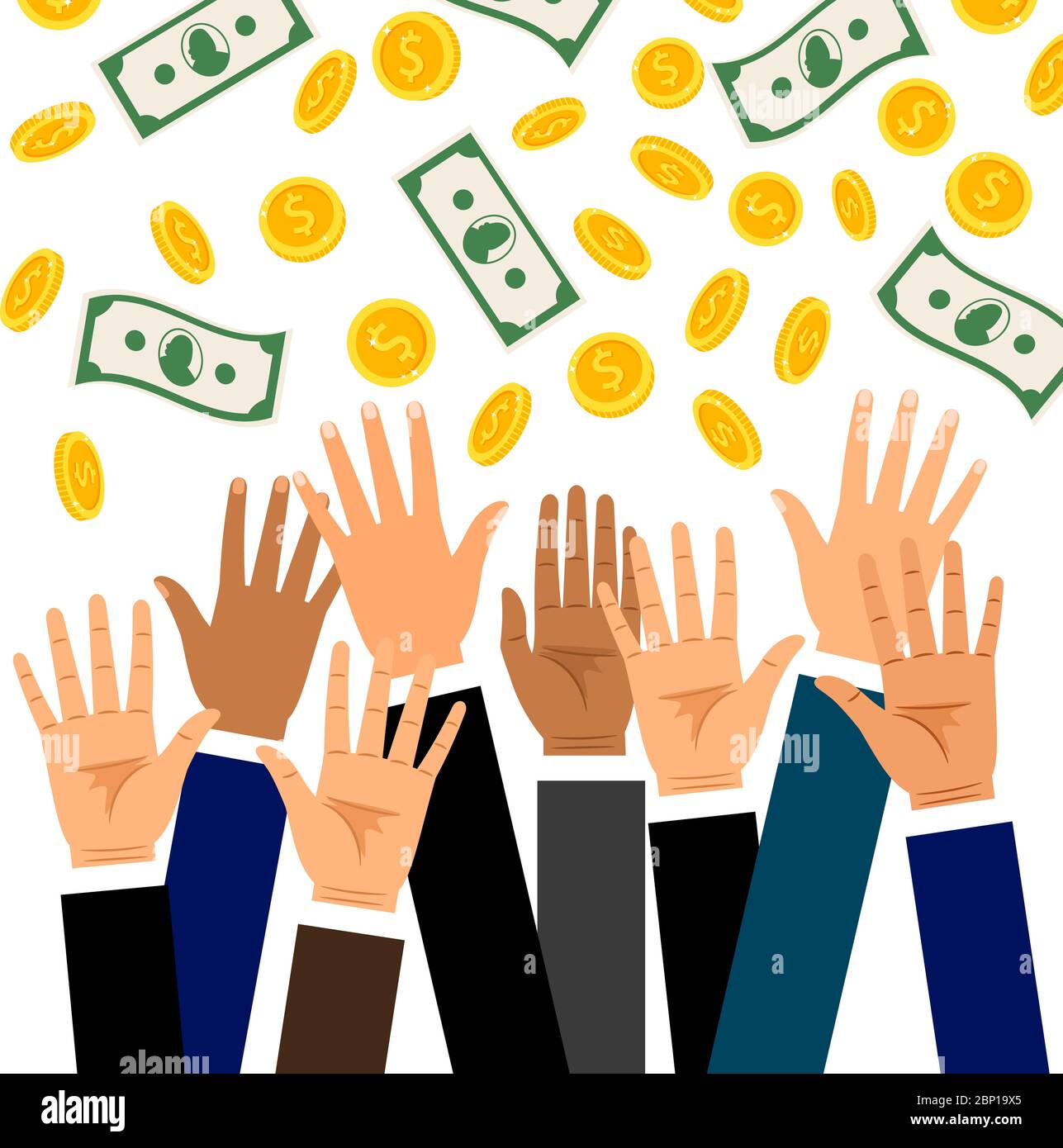 Falling dollar coins and banknotes rain with raised businessman hands ...