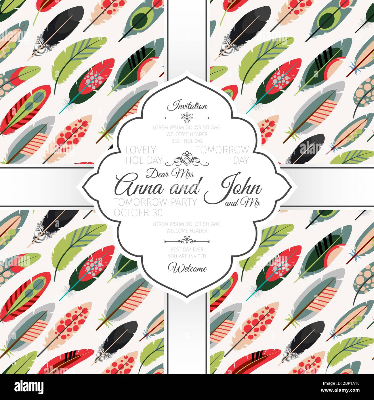 Invitation template card with colorful feathers pattern, vector ...