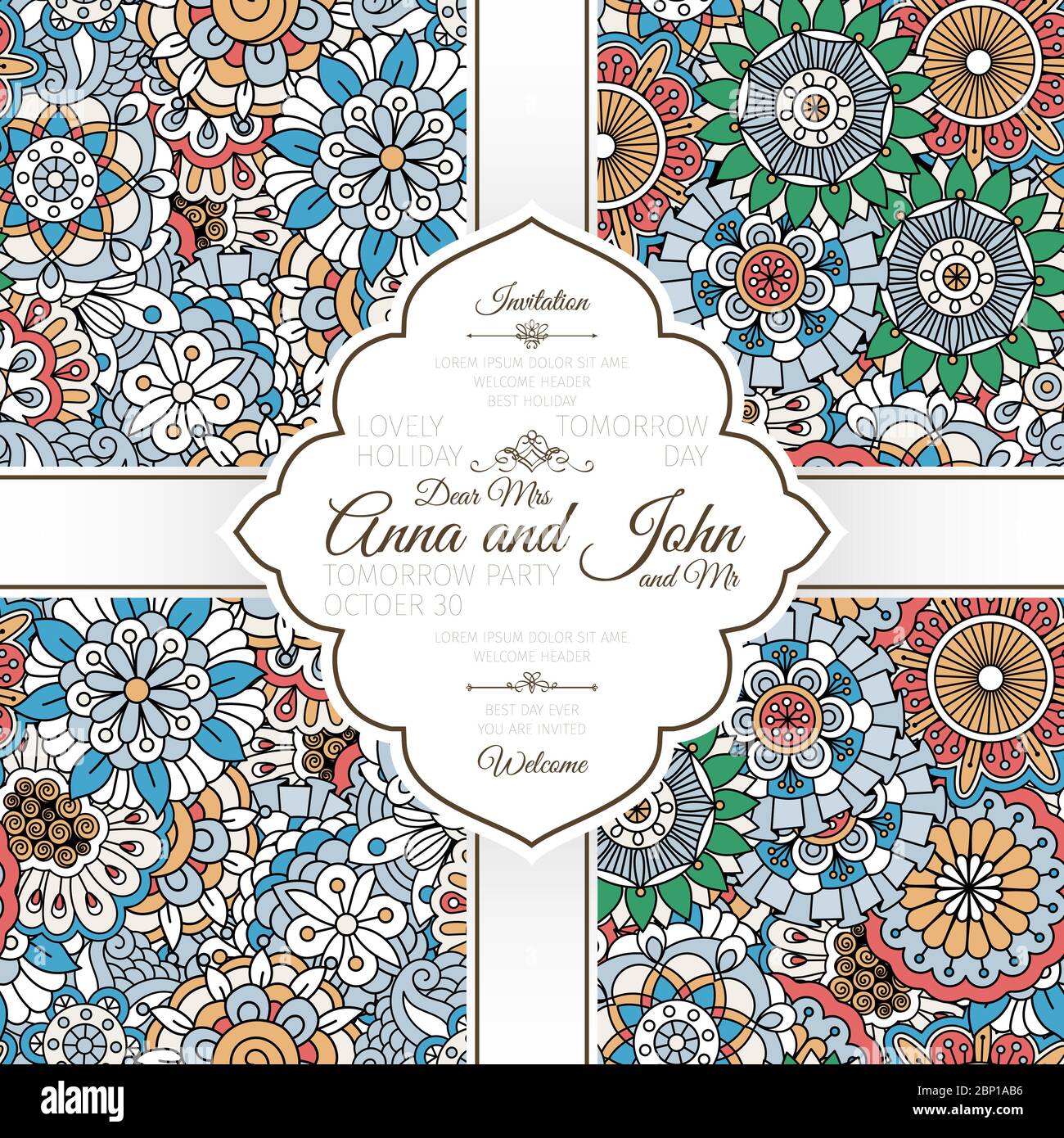 Invitation template card with doodle colored decorative floral pattern ...