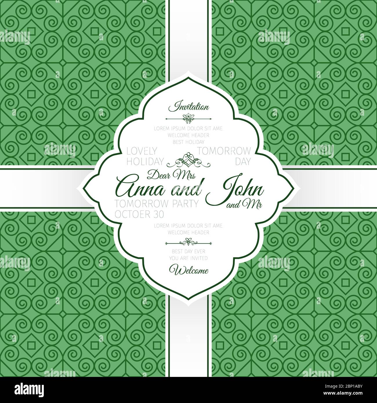 Invitation template card with green decorative pattern with linear ...