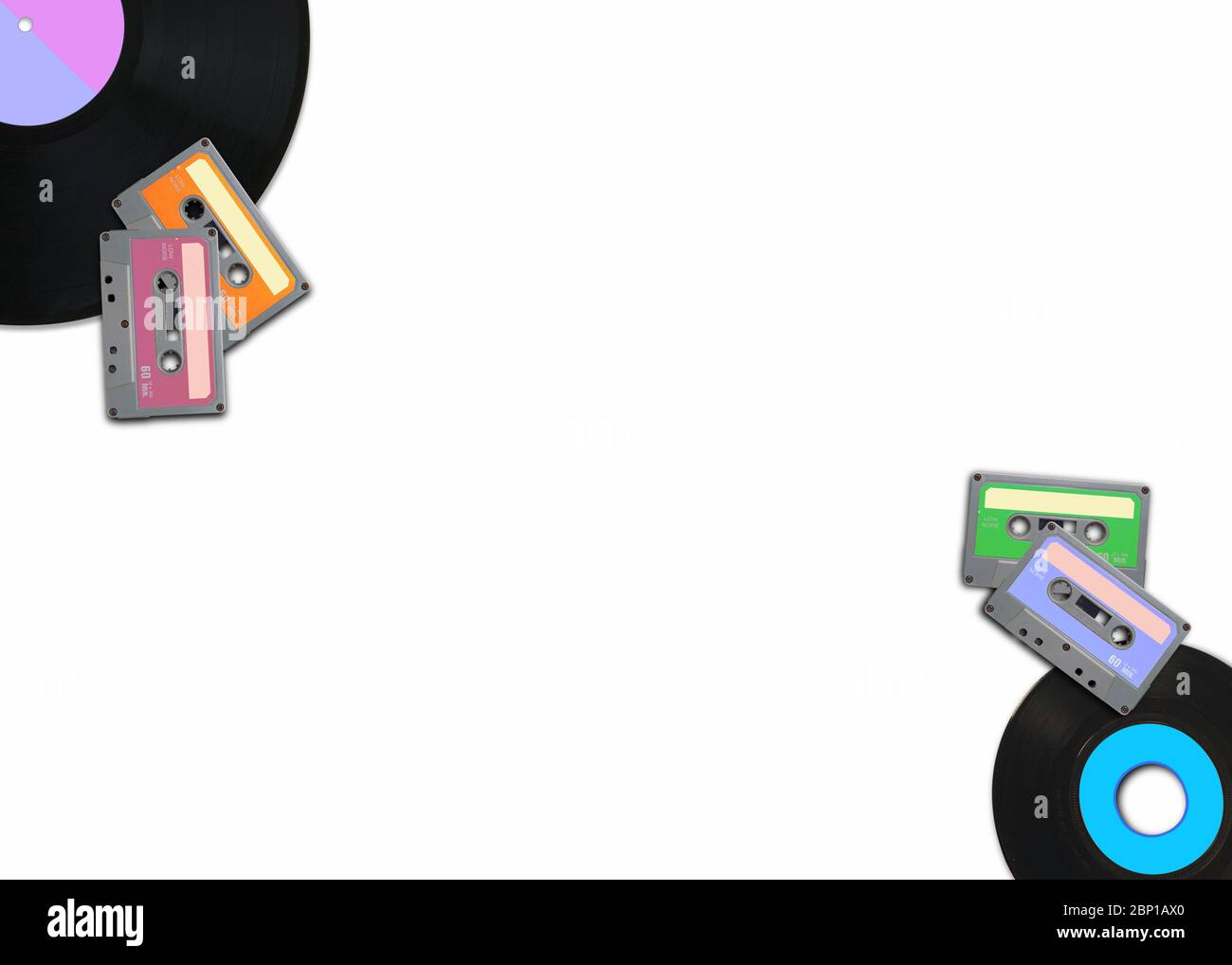 cut out audio cassettes and vinyl records on white background Stock ...