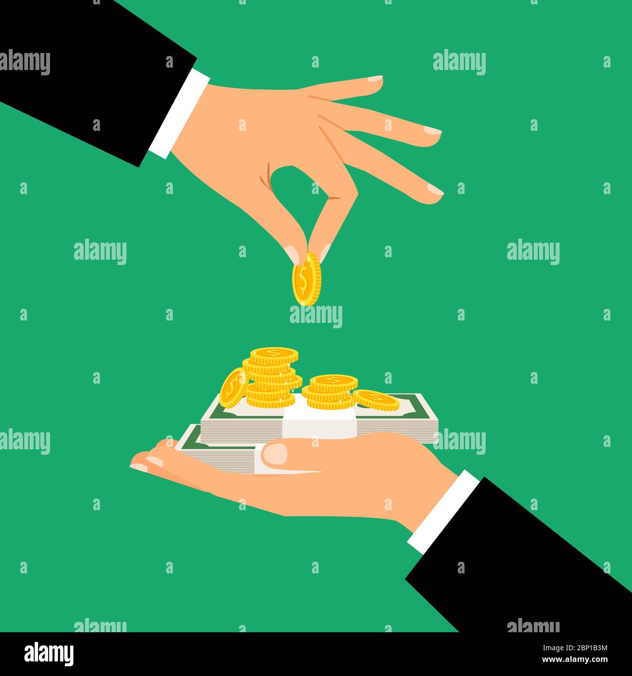 Businessman hands holding coins and banknotes. Giving or counting money ...