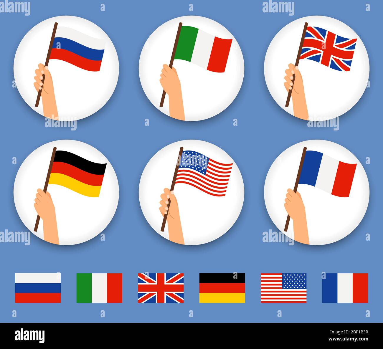 Flag in hand round icons set. Human hands holding flags of different ...