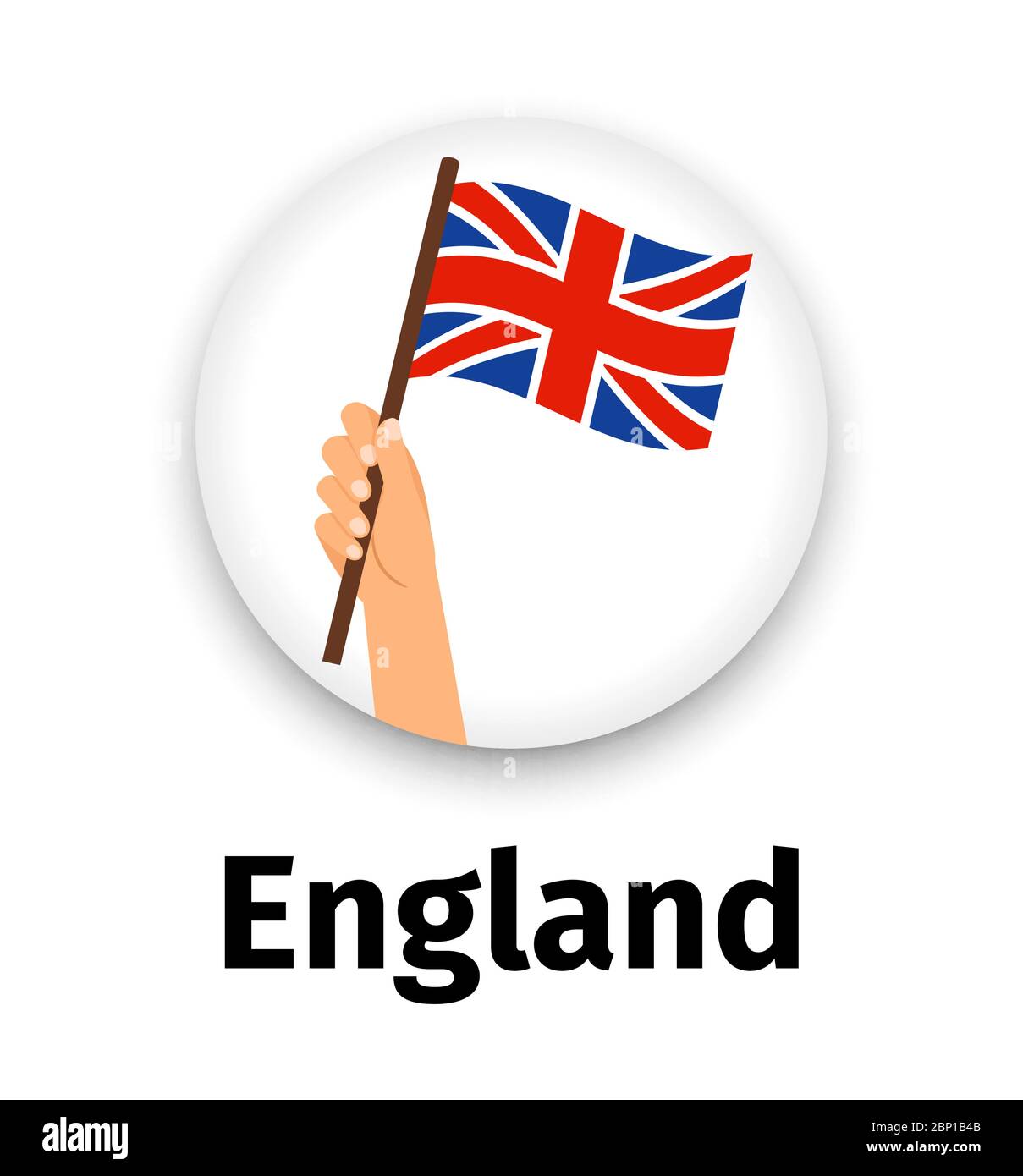 England flag in hand, round icon with shadow isolated on white. Human ...