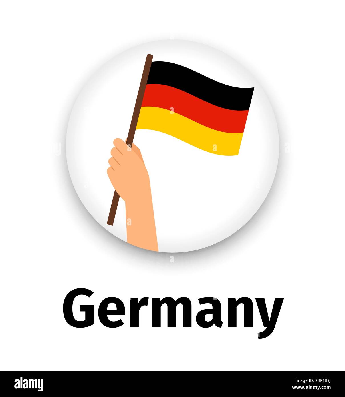 Germany flag in hand, round icon with shadow isolated on white. Human ...