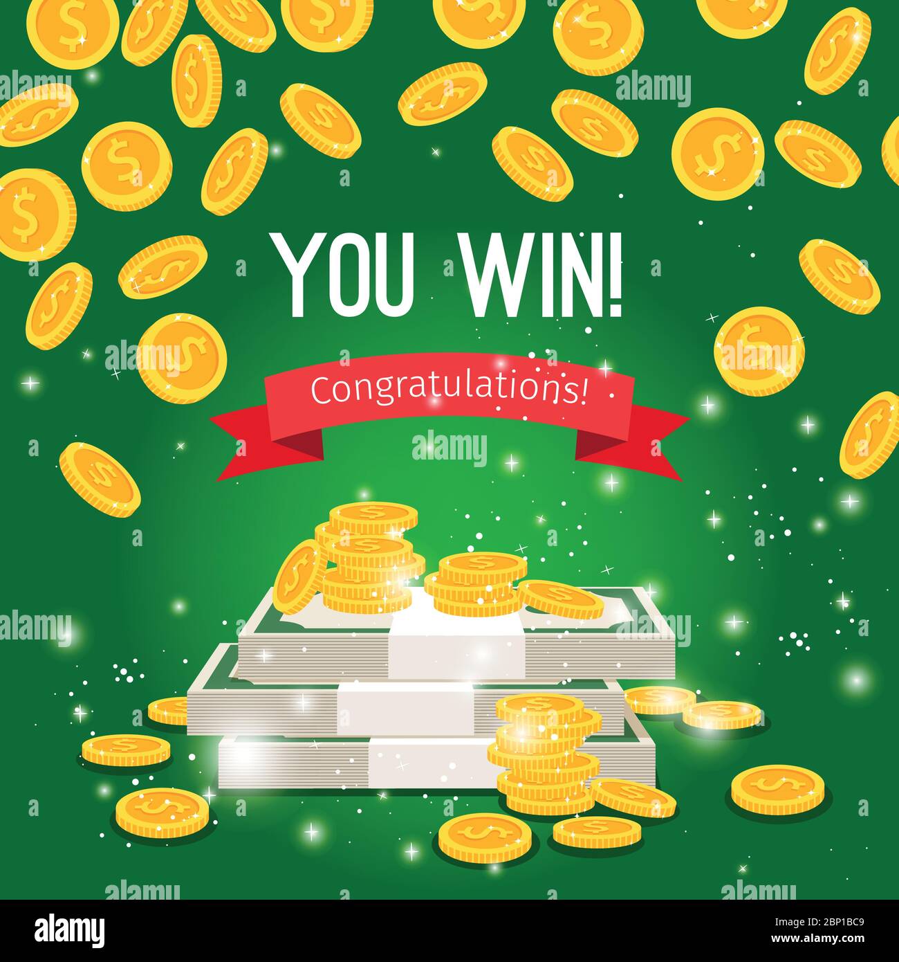 Rain coins and sign you win on green background, vector illustration ...
