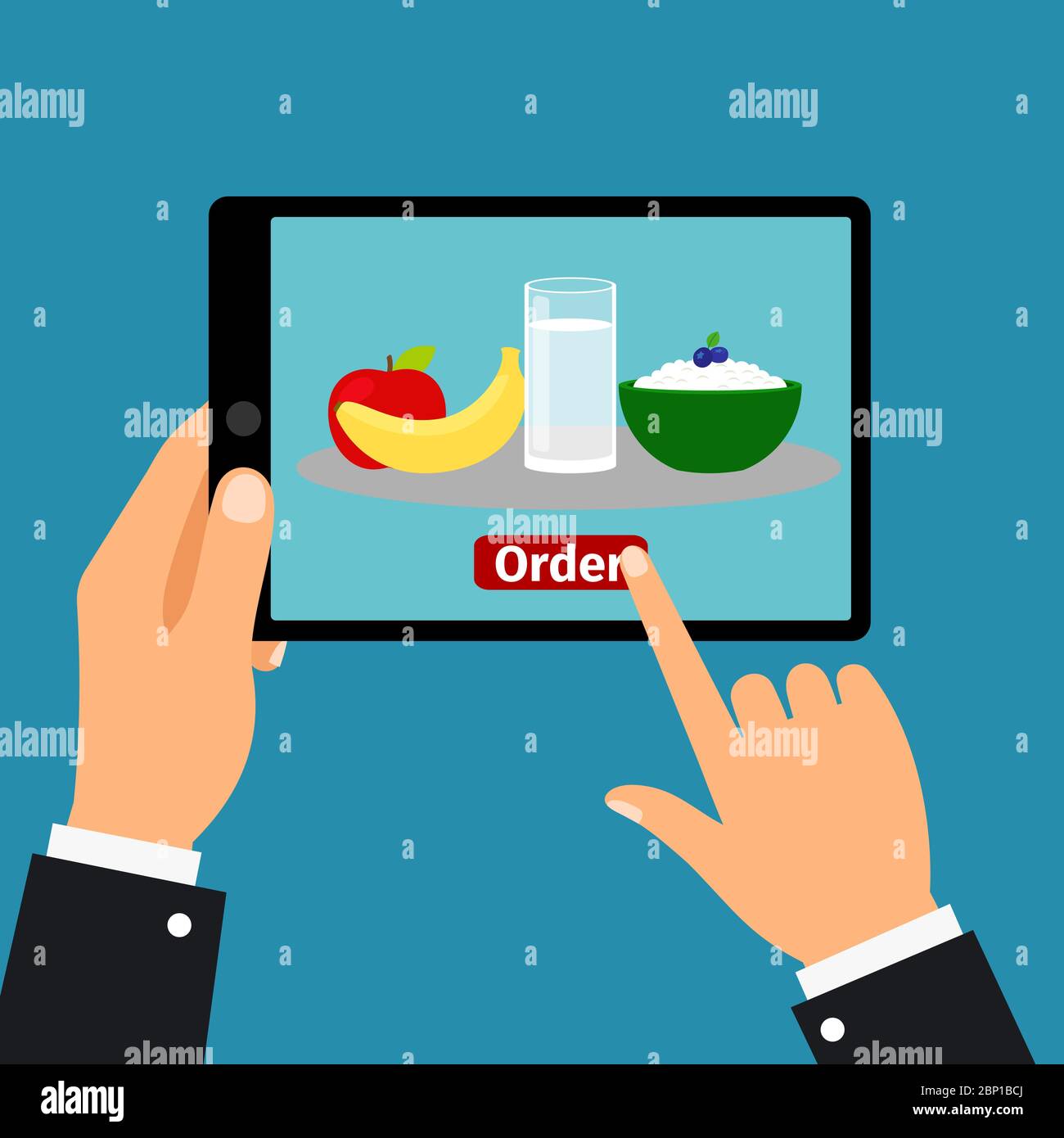 Hand holding tablet and order healthy food, vector illustration Stock ...