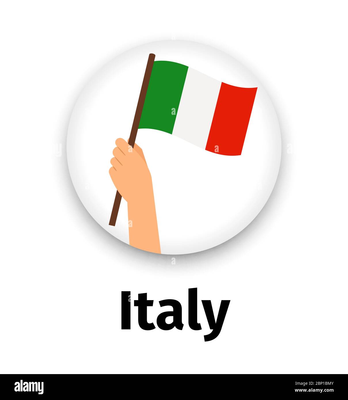 Italy flag in hand, round icon with shadow isolated on white. Human ...