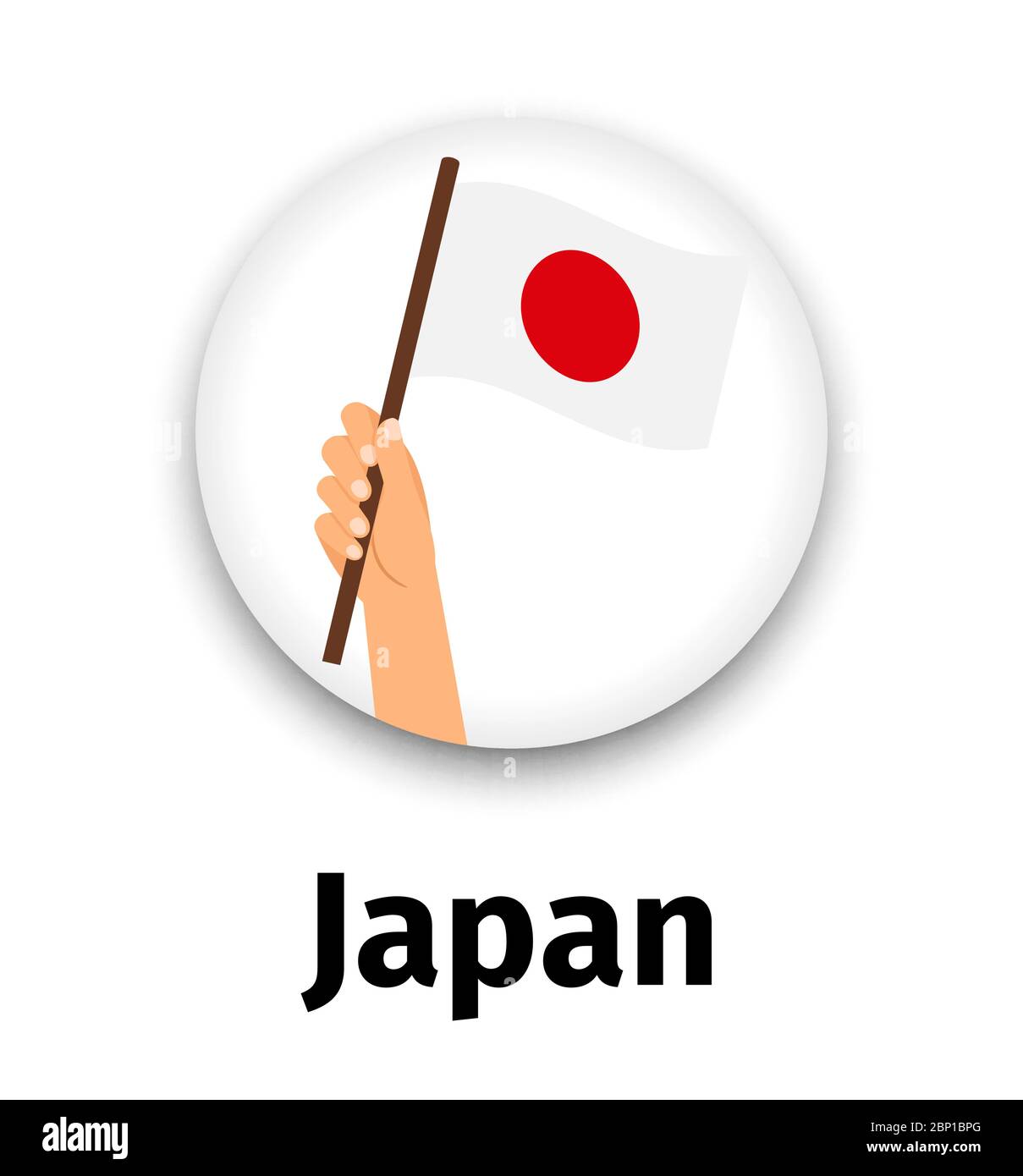 Japan flag in hand, round icon with shadow isolated on white. Human ...