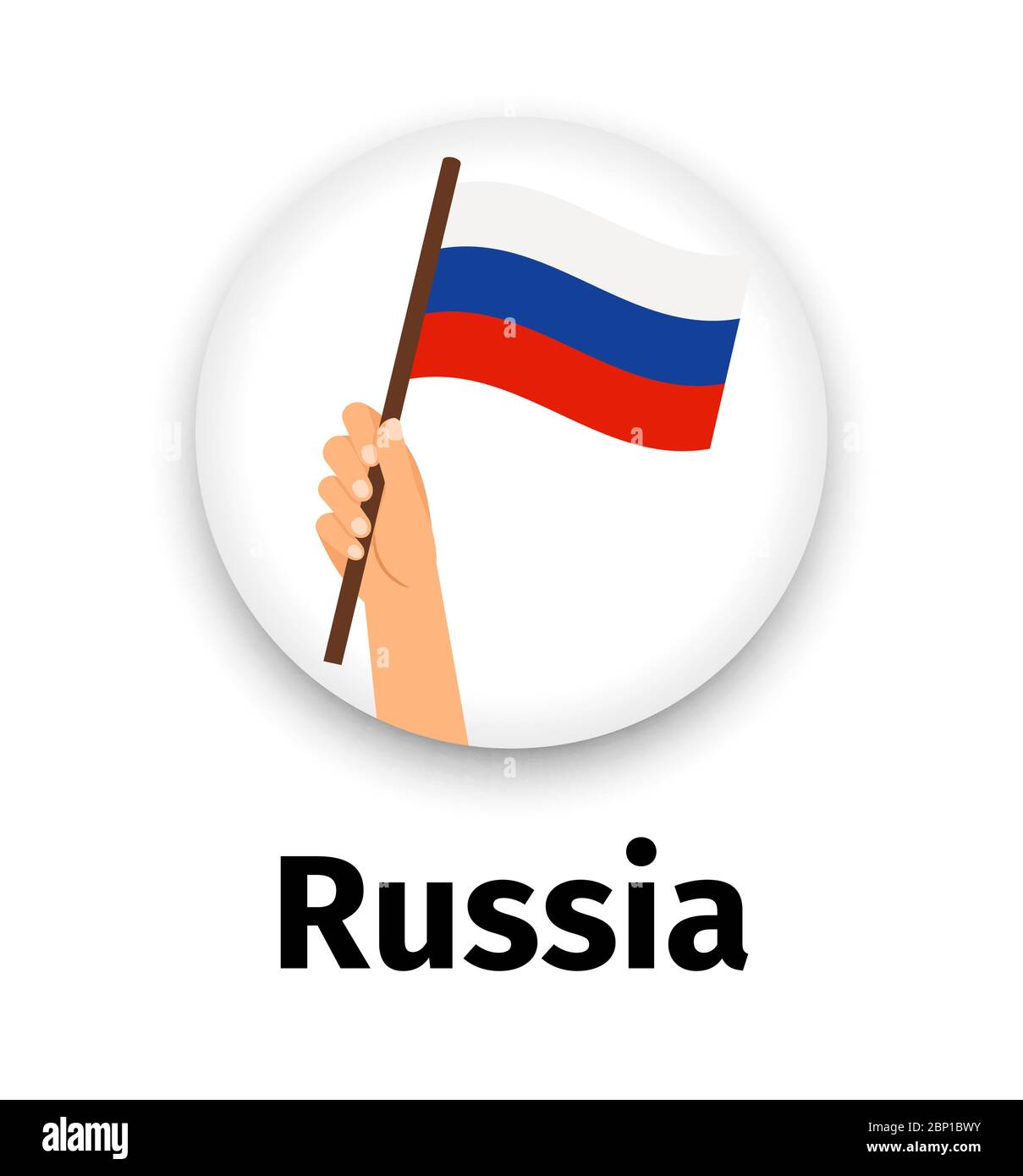 Russian flag in hand, round icon with shadow isolated on white. Human ...