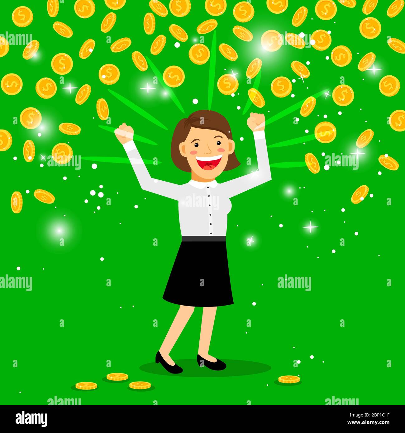 Winner concept vector illustration. Money rain and happy lady on green ...