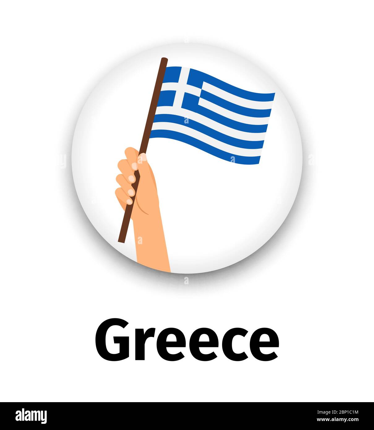 Greece flag in hand, round icon with shadow isolated on white. Human ...