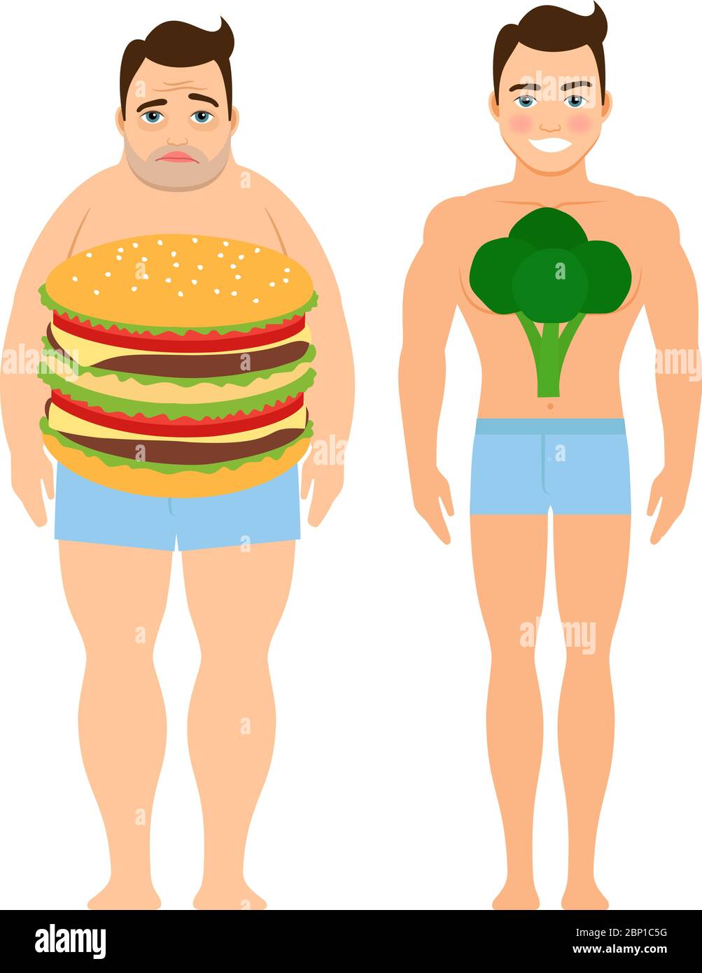 Man on a diet concept vector illustration. Man eating burgers or eating ...