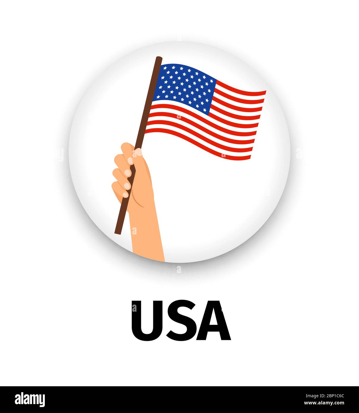 USA flag in hand, round icon with shadow isolated on white. Human hand ...