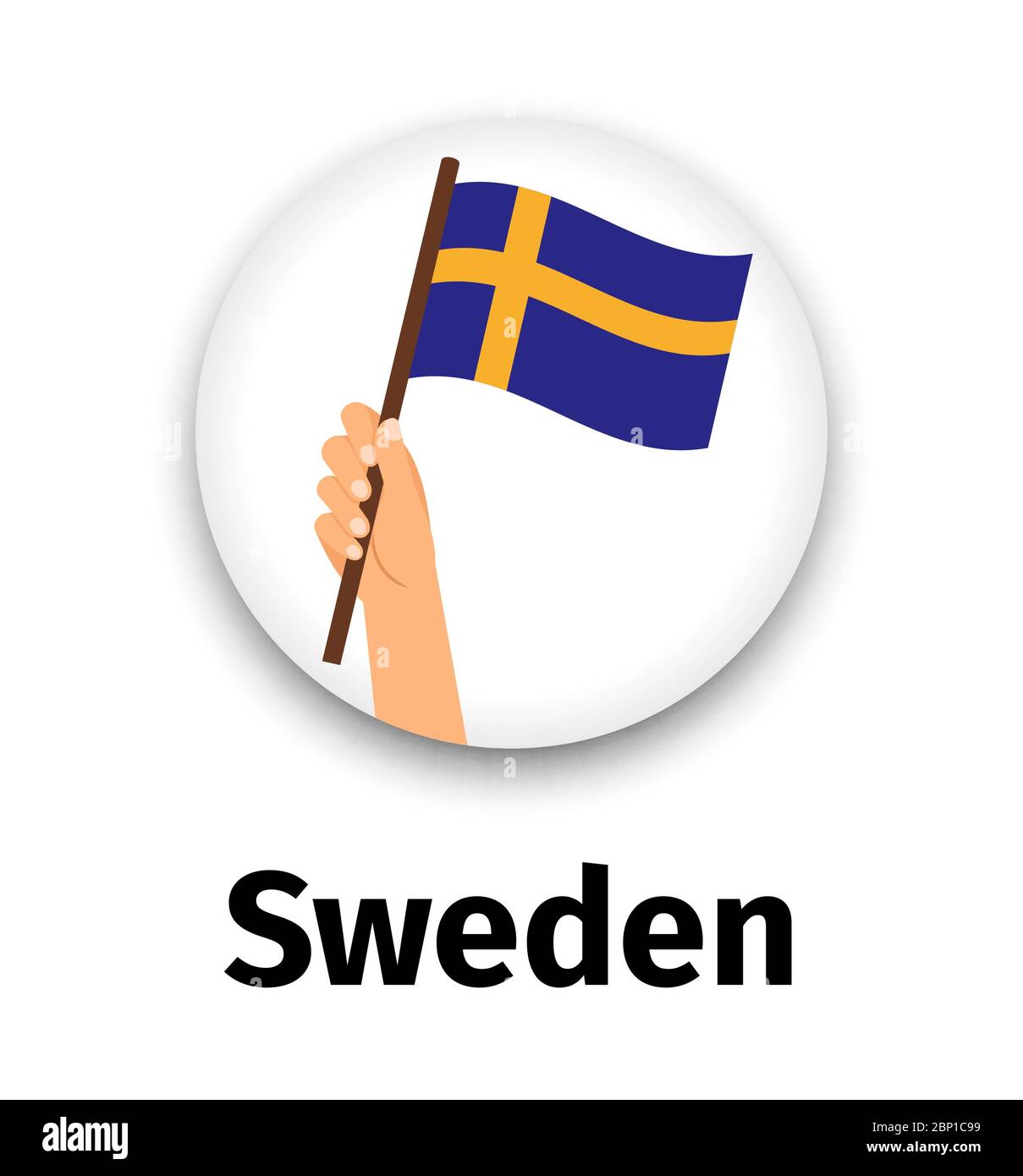 Sweden flag in hand, round icon with shadow isolated on white. Human ...