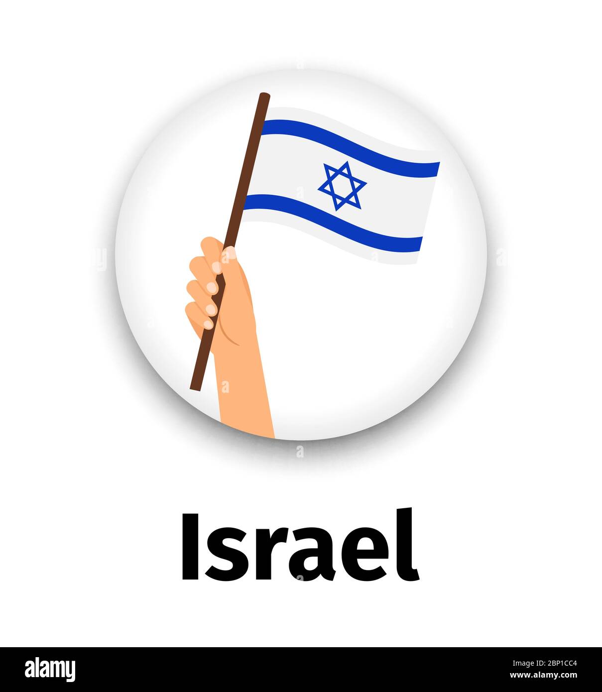 Israel flag in hand, round icon with shadow isolated on white. Human ...
