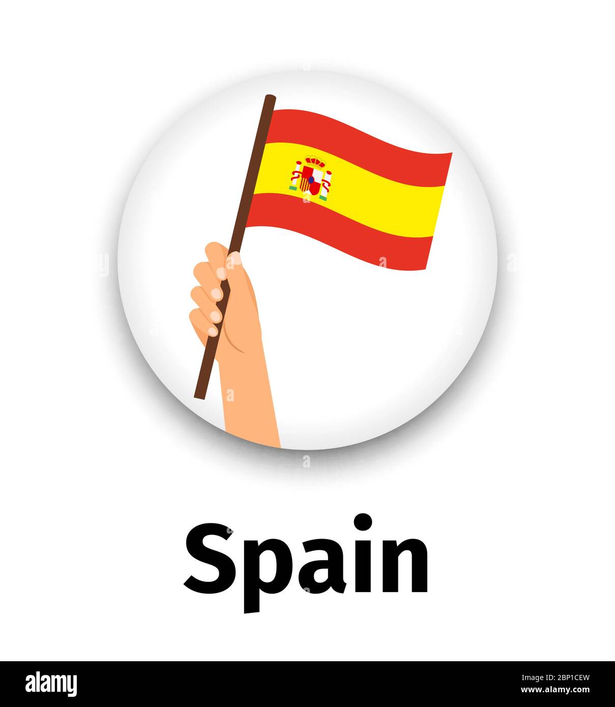 Spain flag in hand, round icon with shadow isolated on white. Human ...