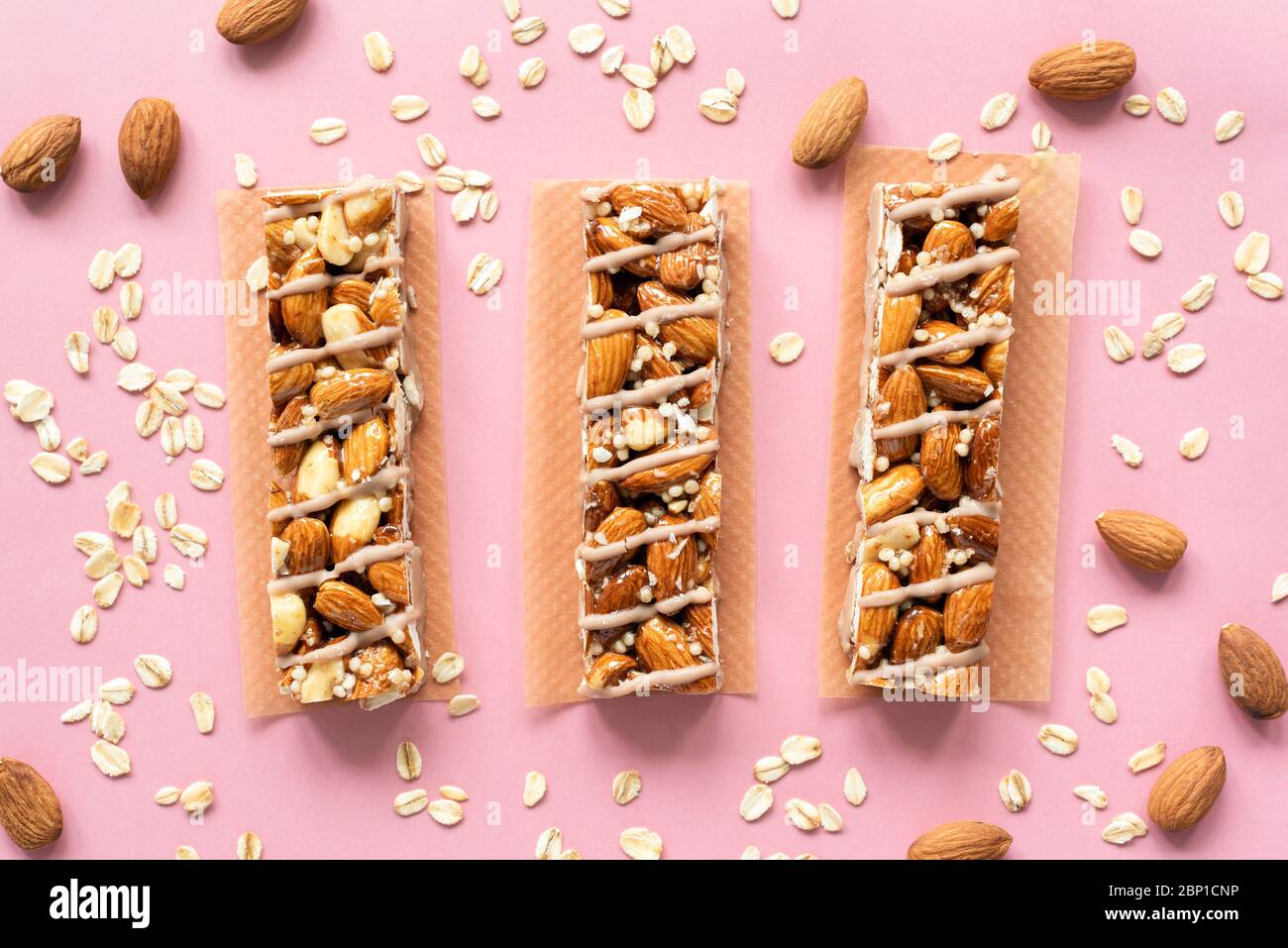 Protein Almond Bars On Pink Background. Top View. Healthy, Clean Eating ...