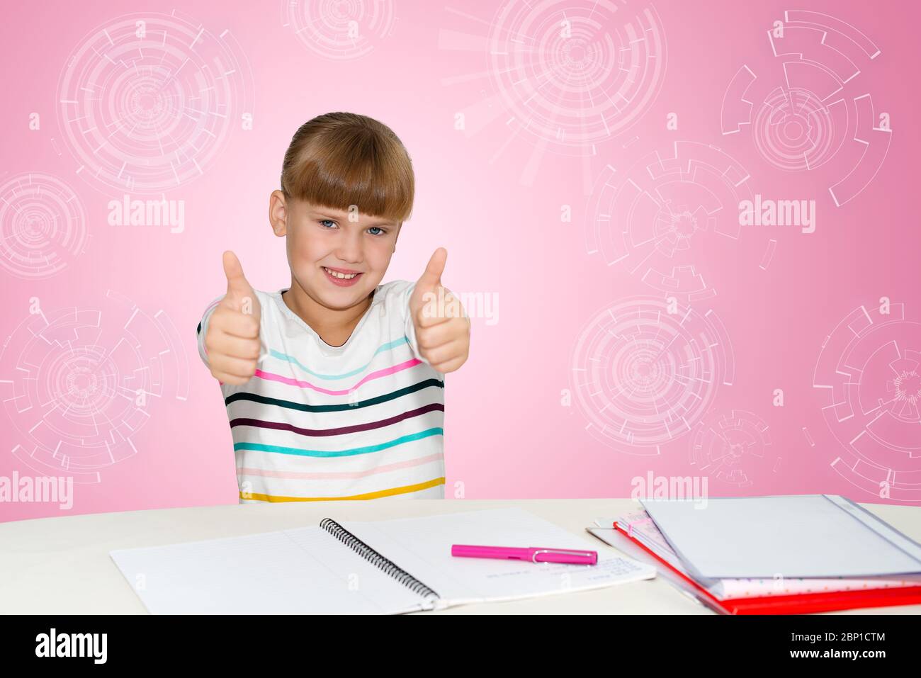 people, children and school concept - little student girl showing ...