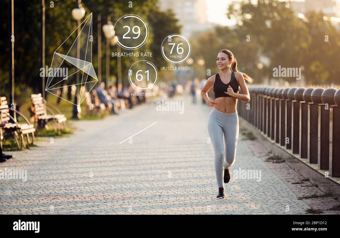 Girl running at street. Transparent double screen with her biological ...