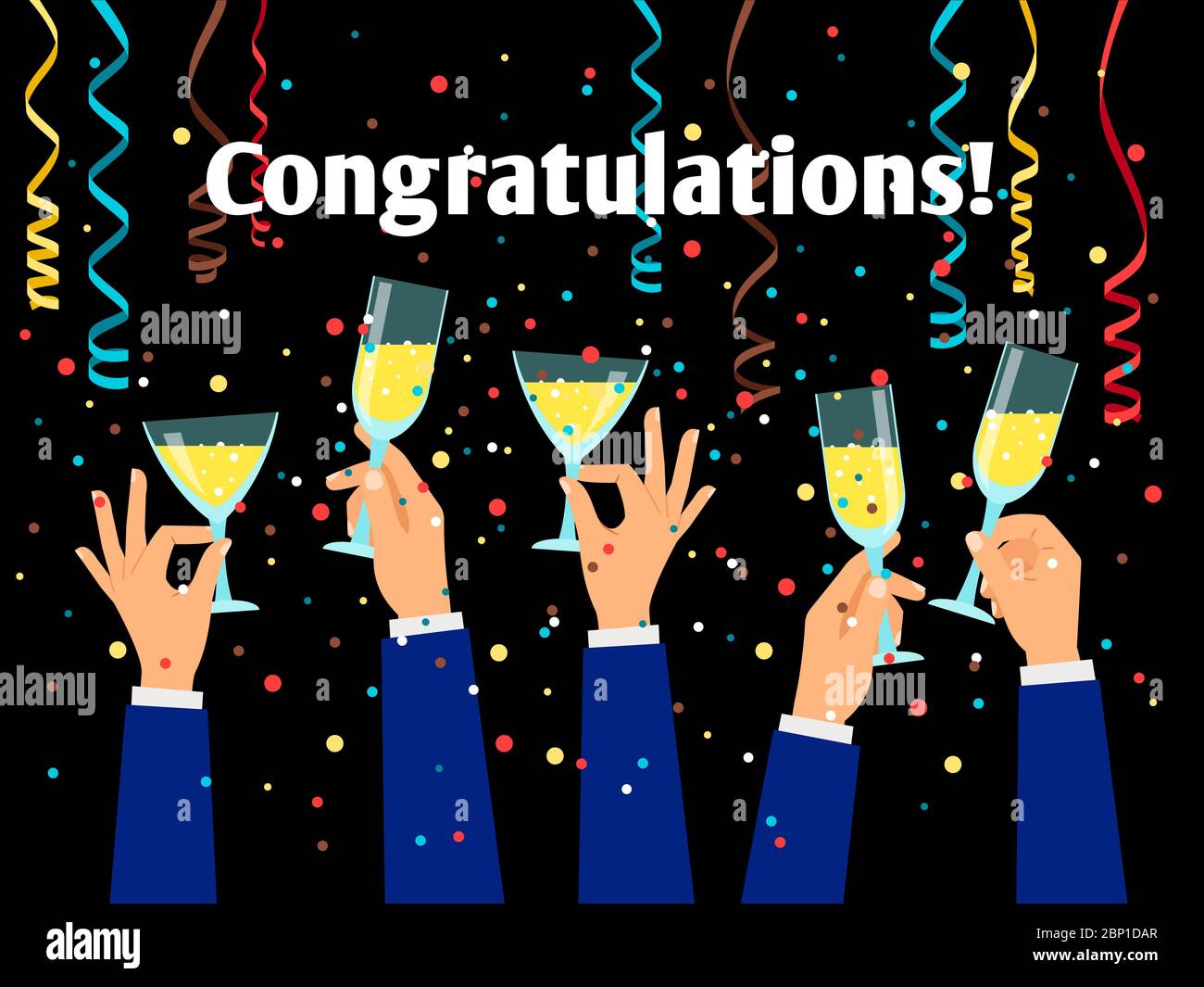 Congratulations vector poster with hands holding drinking glasses and ...