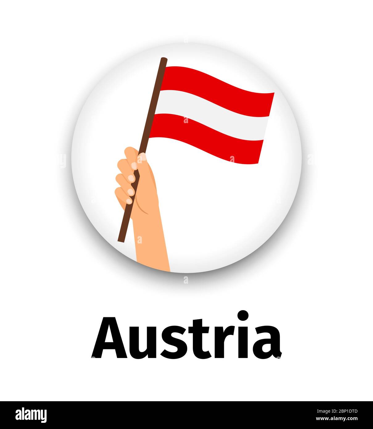 Austria flag in hand, round icon with shadow isolated on white. Human ...