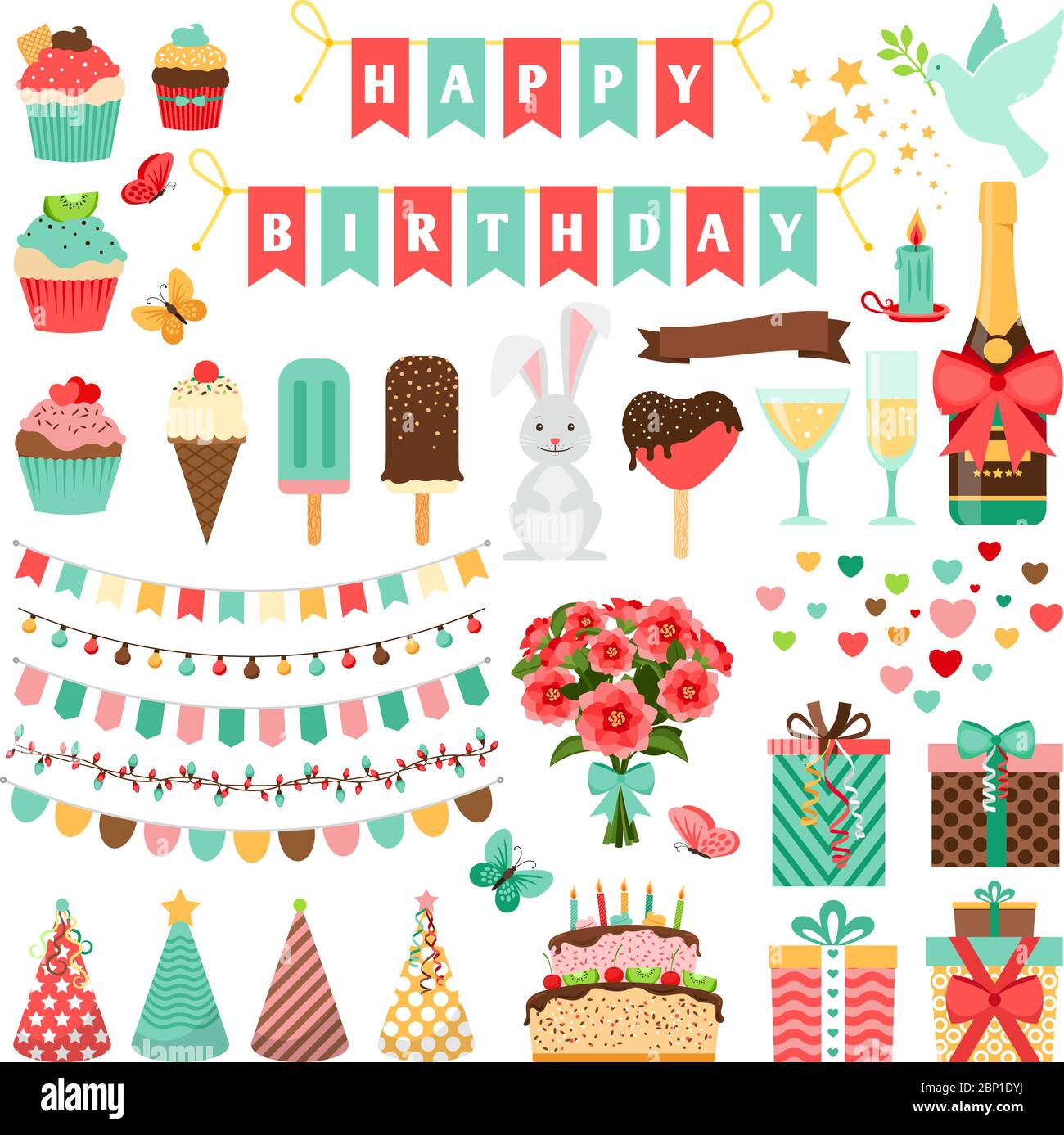 Big set of party icons. Gift boxes and birthday cake, flowers and ...