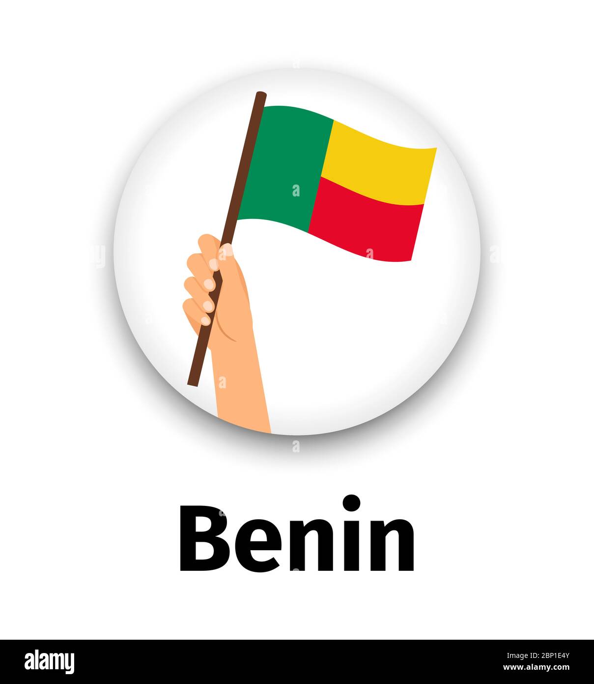 Benin flag in hand, round icon with shadow isolated on white. Human hand holding flag, vector ...