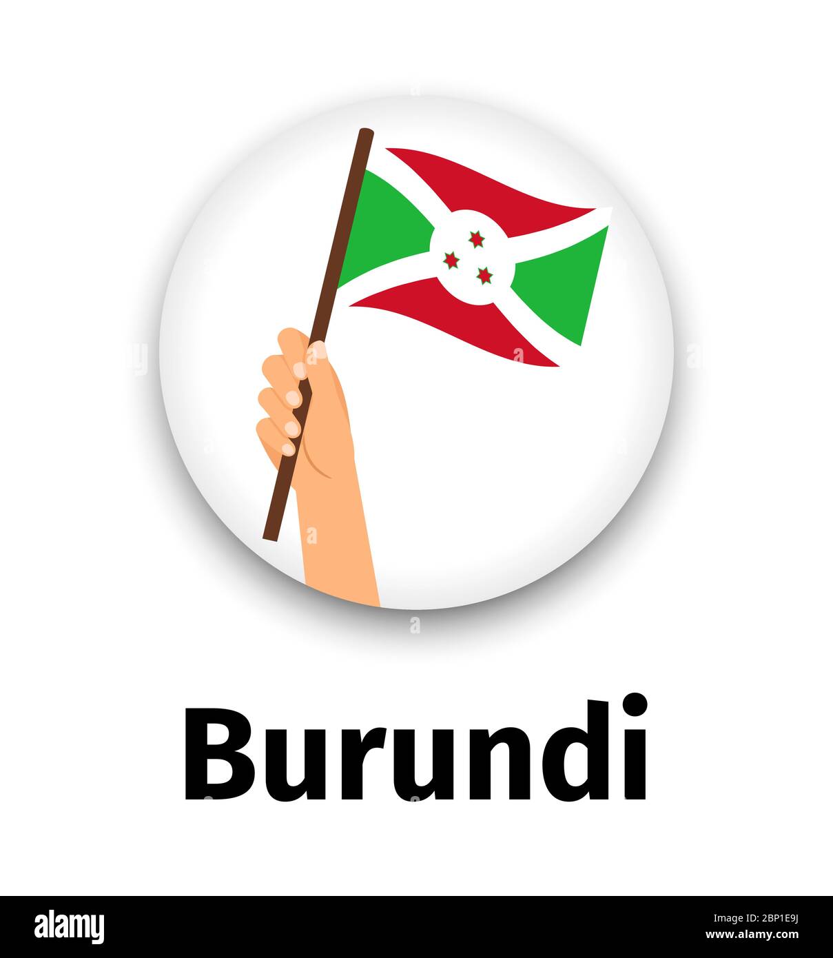 Burundi flag in hand, round icon with shadow isolated on white. Human ...