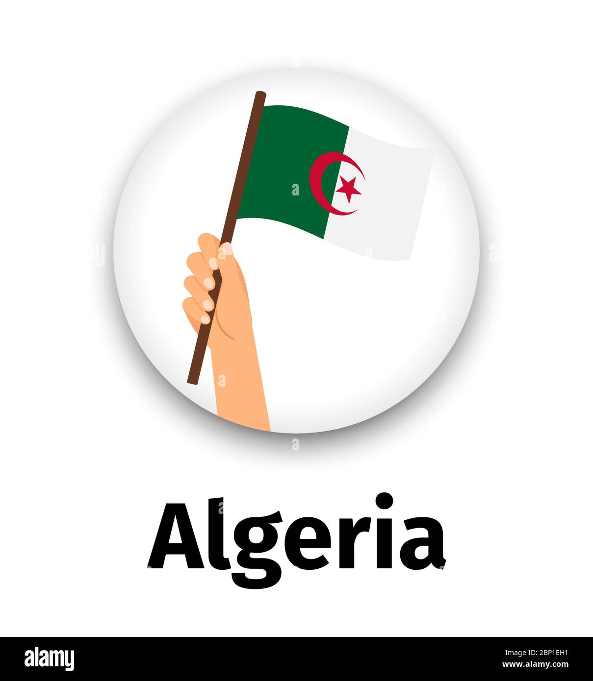 Algeria flag in hand, round icon with shadow isolated on white. Human ...