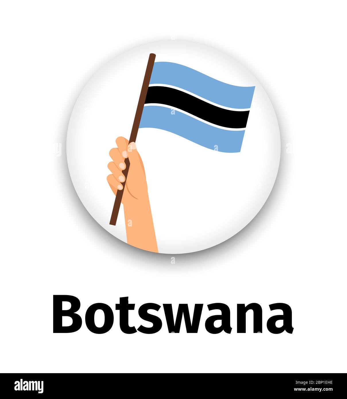 Botswana flag in hand, round icon with shadow isolated on white. Human hand holding flag, vector ...