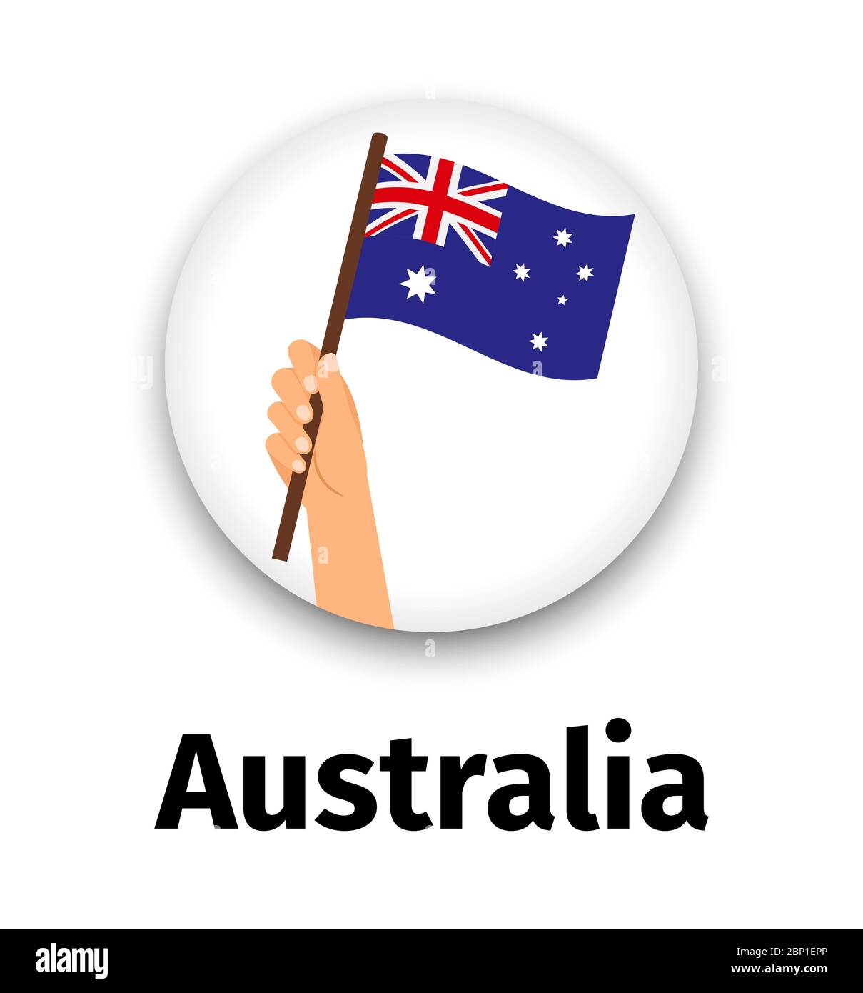 Australia flag in hand, round icon with shadow isolated on white. Human ...
