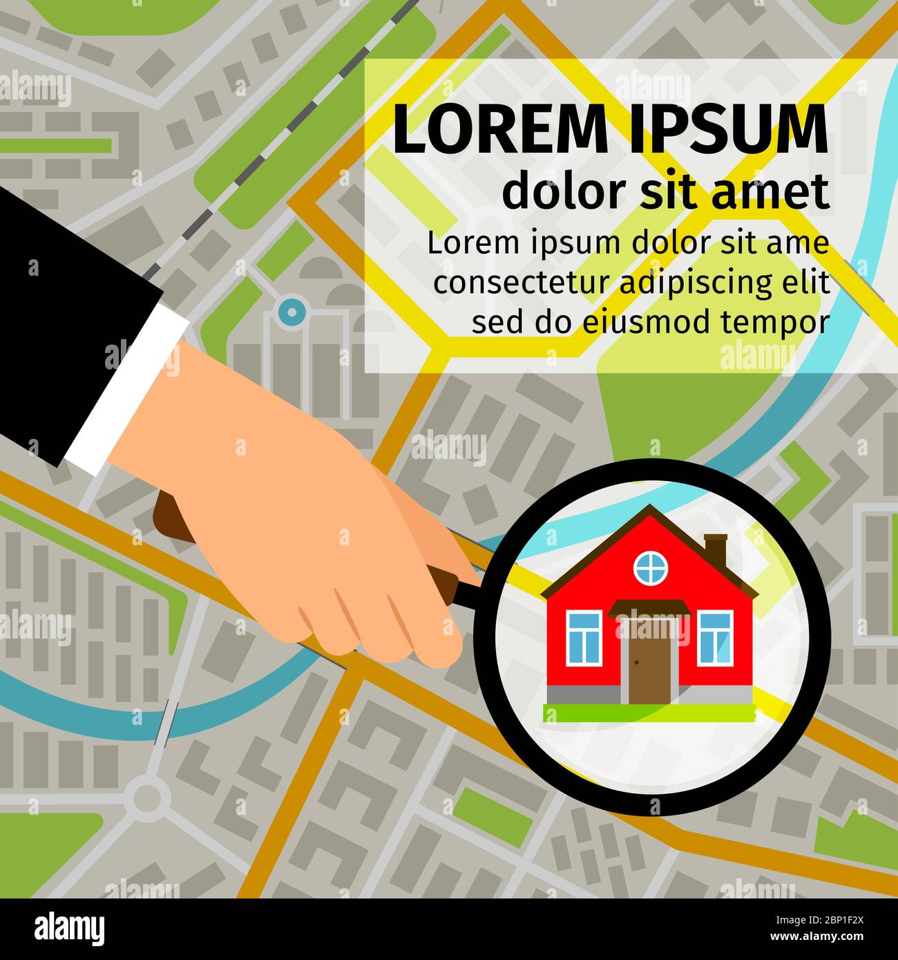 Search house vector illustration. Man hand holding magnifying glass and ...