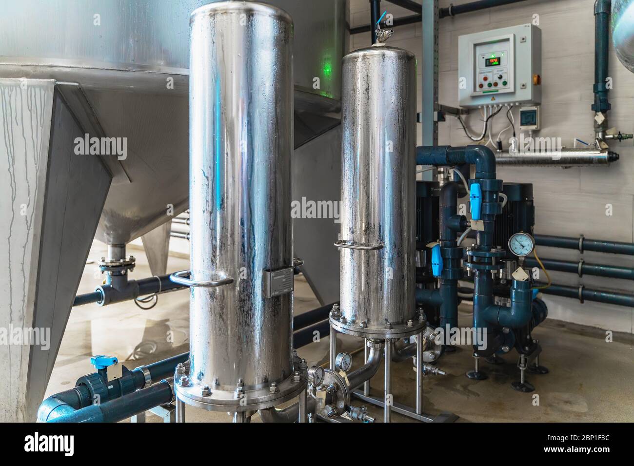 Drinking water factory or plant production, industrial interior. Large ...