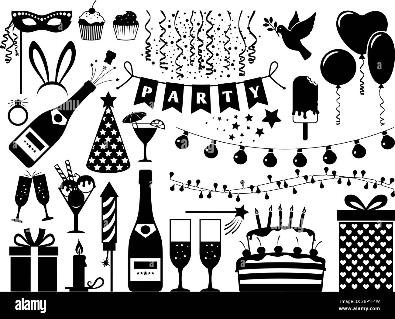 Party black icons set on white background. Birthday cake and flags ...