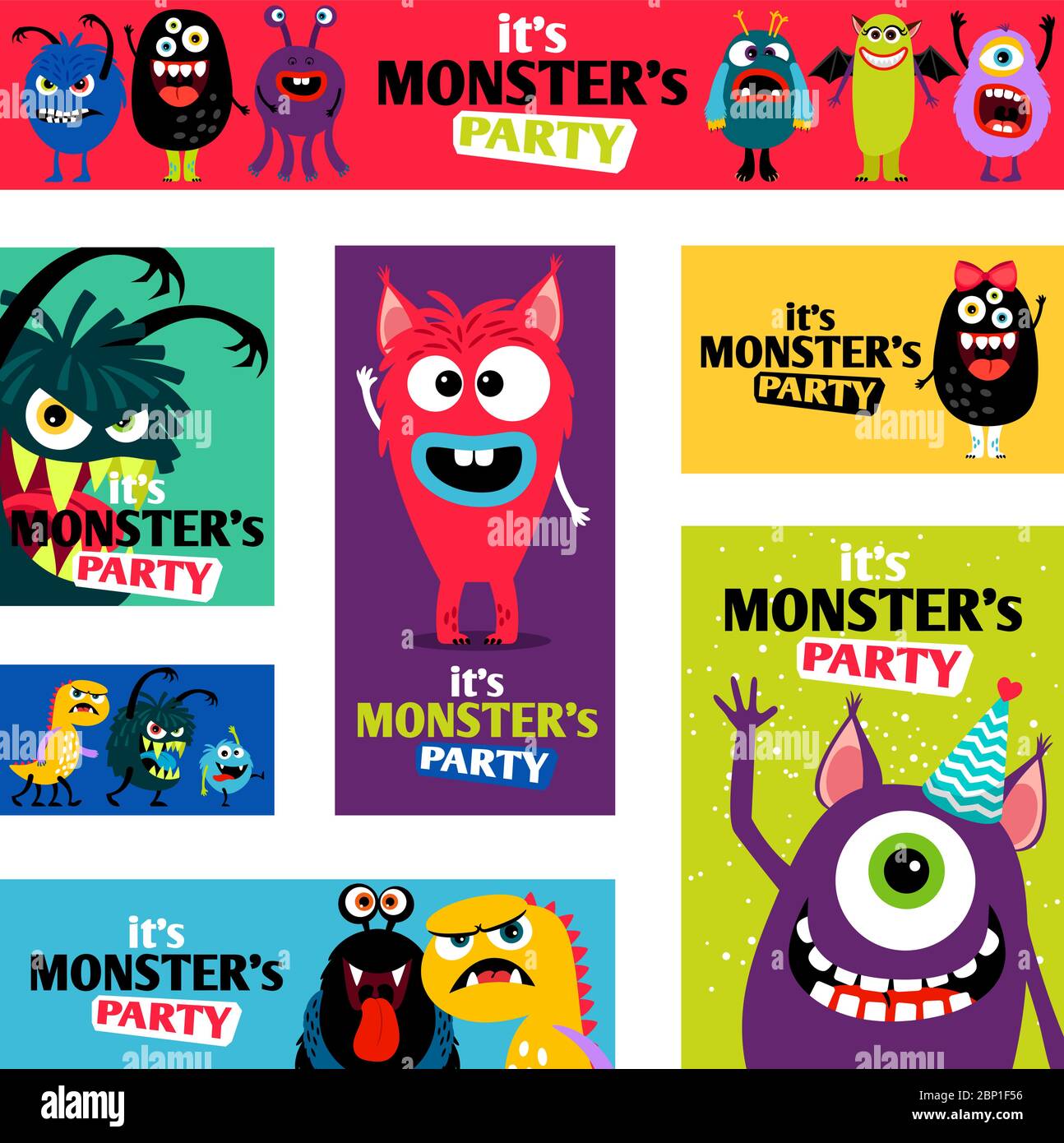 Monsters Banners set or Monster labels for kids diary design vector ...