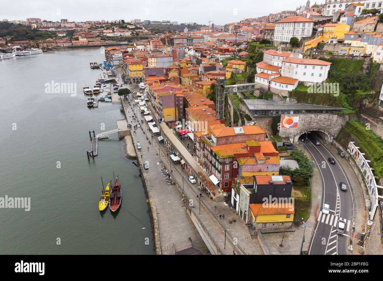 View of the quarter of Ribeira from old Dom Luis Bridge and the Douro ...