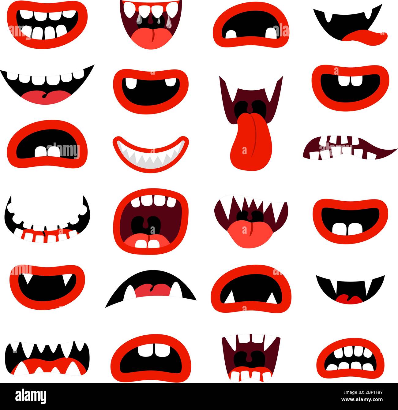 Cute monsters mouth set. Red cartoon mouths with teeth, on white background. Vector illustration ...