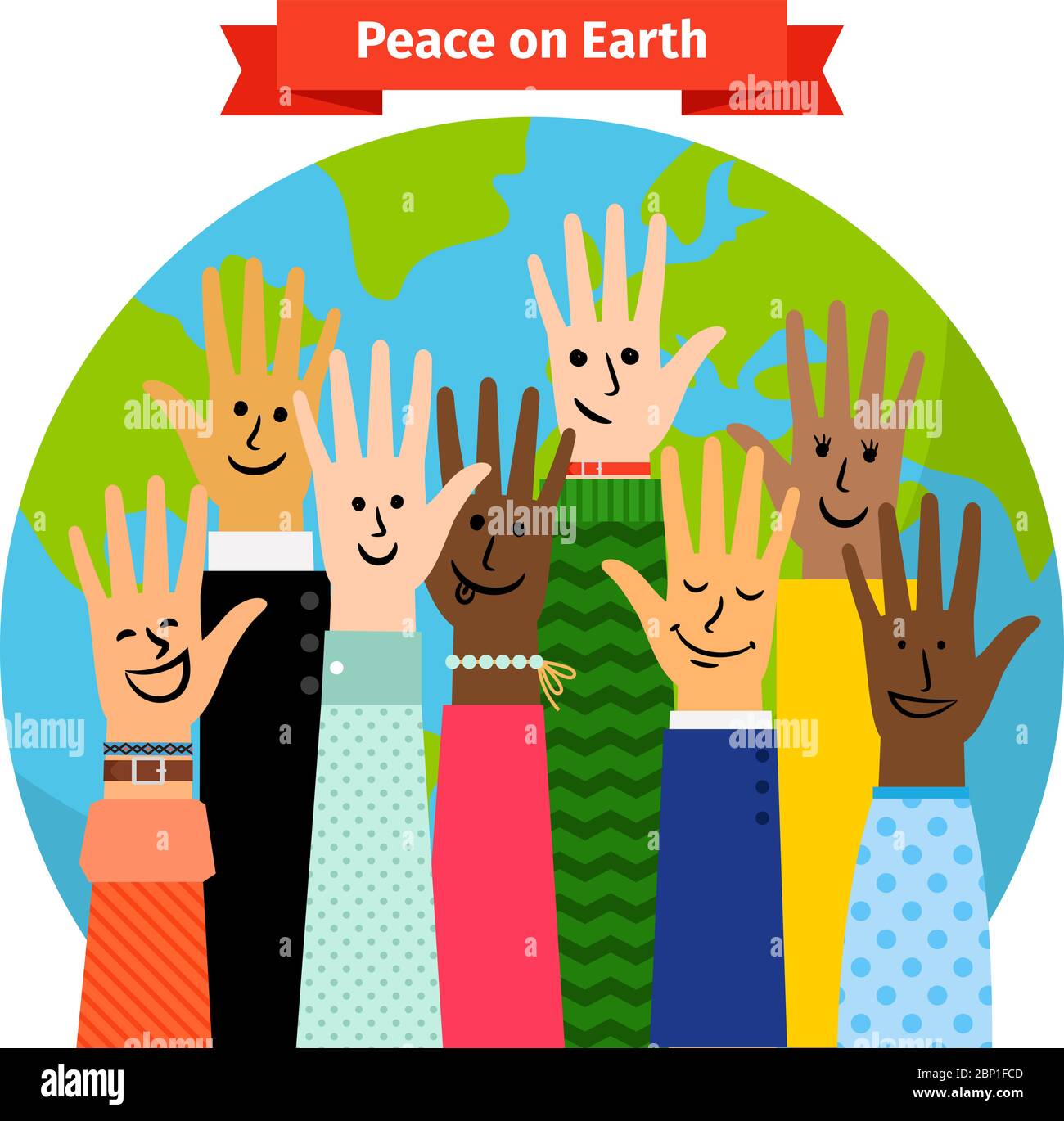 Peace concept vector illustration with different peoples hands raised ...