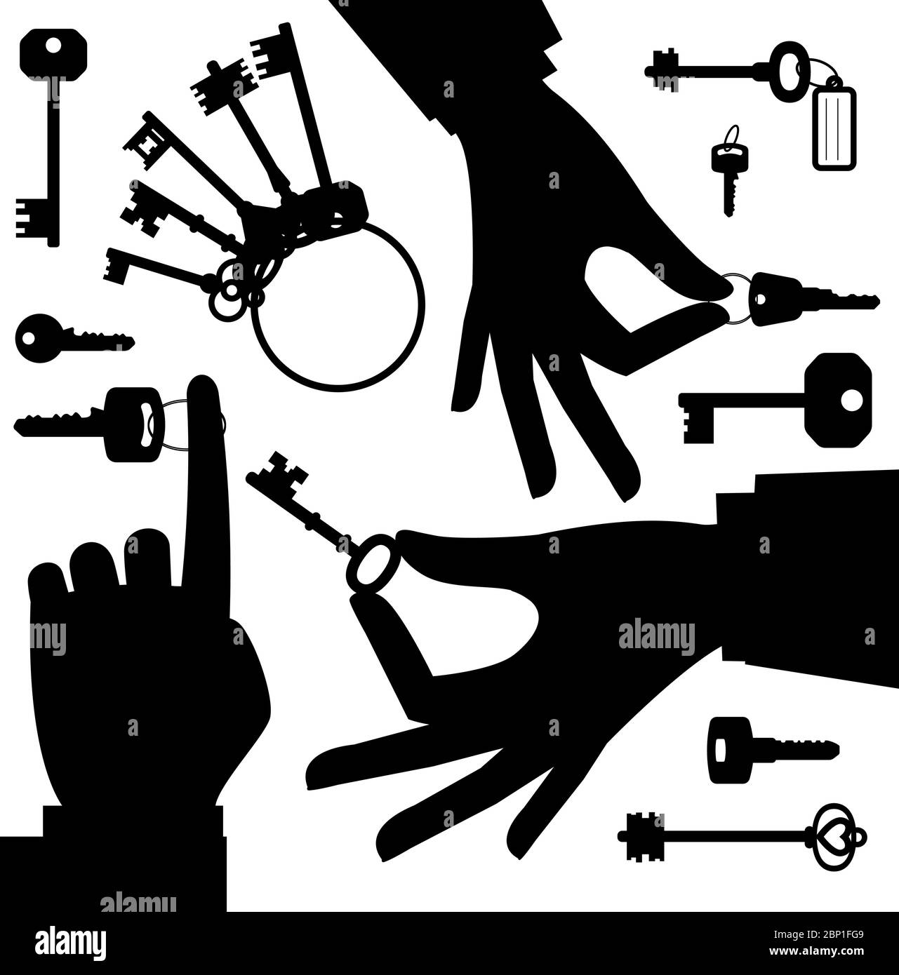 Hands holding key black icons on white background, vector illustration ...
